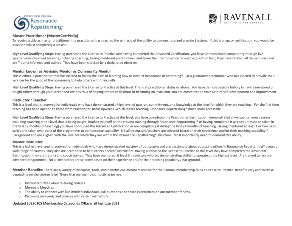 Membership Levels | Resonance Repatterning Institute
