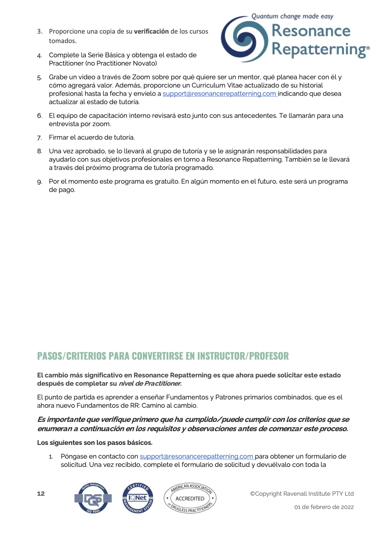 Guía paso a paso del itinerario profesional y de certificación | Resonance Repatterning Institute