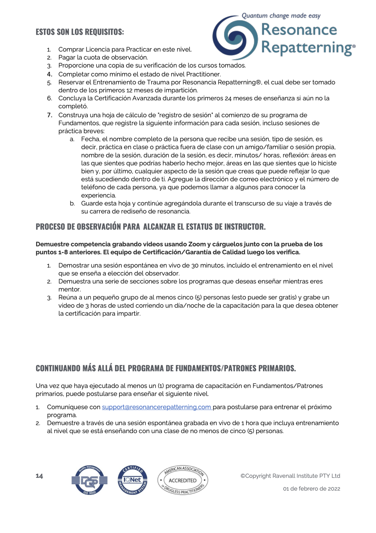 Guía paso a paso del itinerario profesional y de certificación | Resonance Repatterning Institute