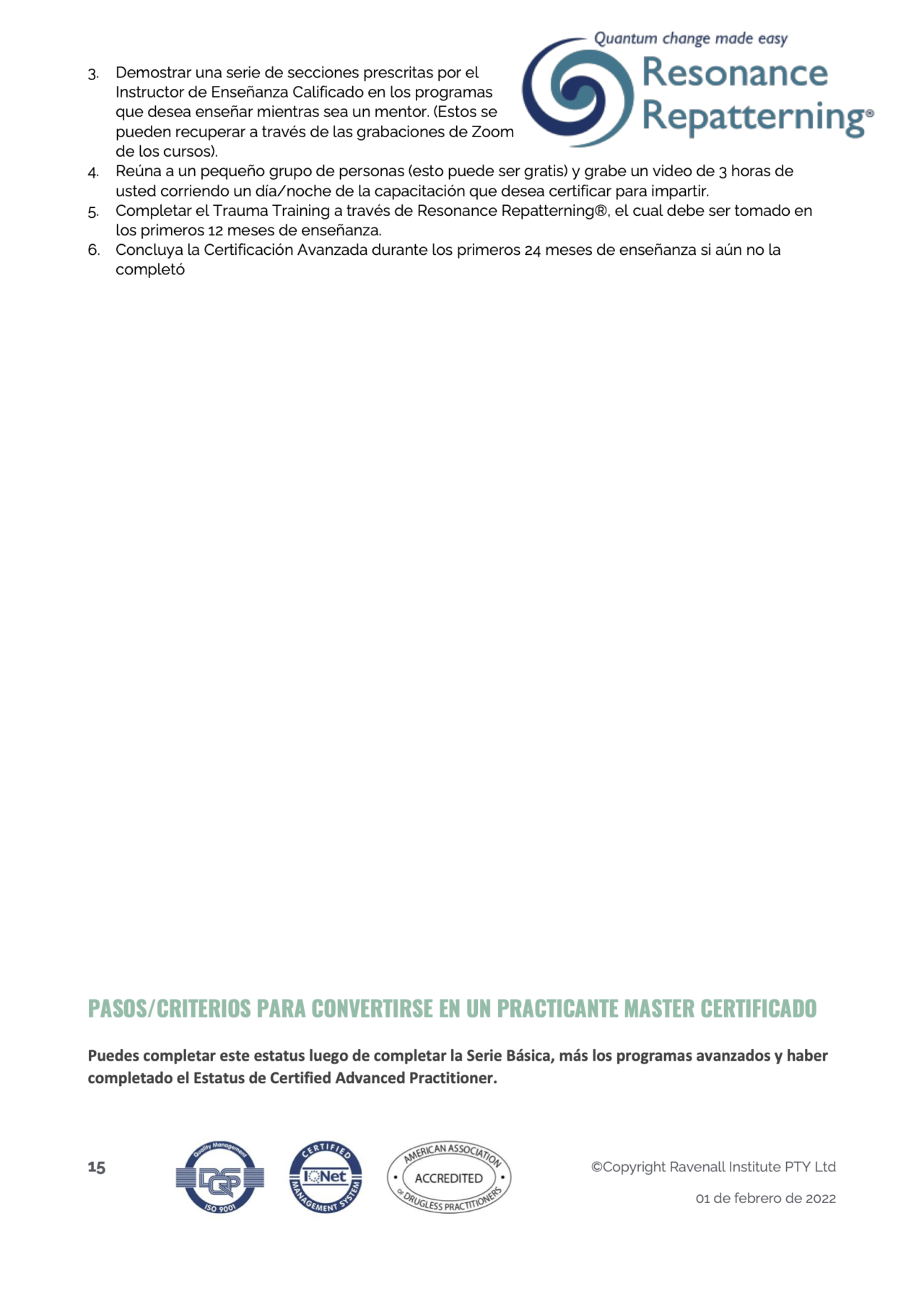 Guía paso a paso del itinerario profesional y de certificación | Resonance Repatterning Institute