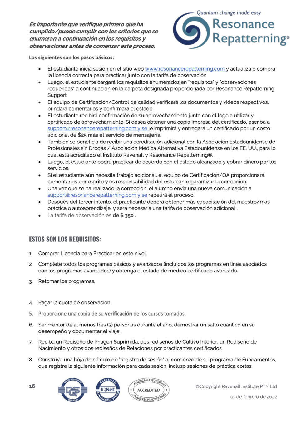 Guía paso a paso del itinerario profesional y de certificación | Resonance Repatterning Institute