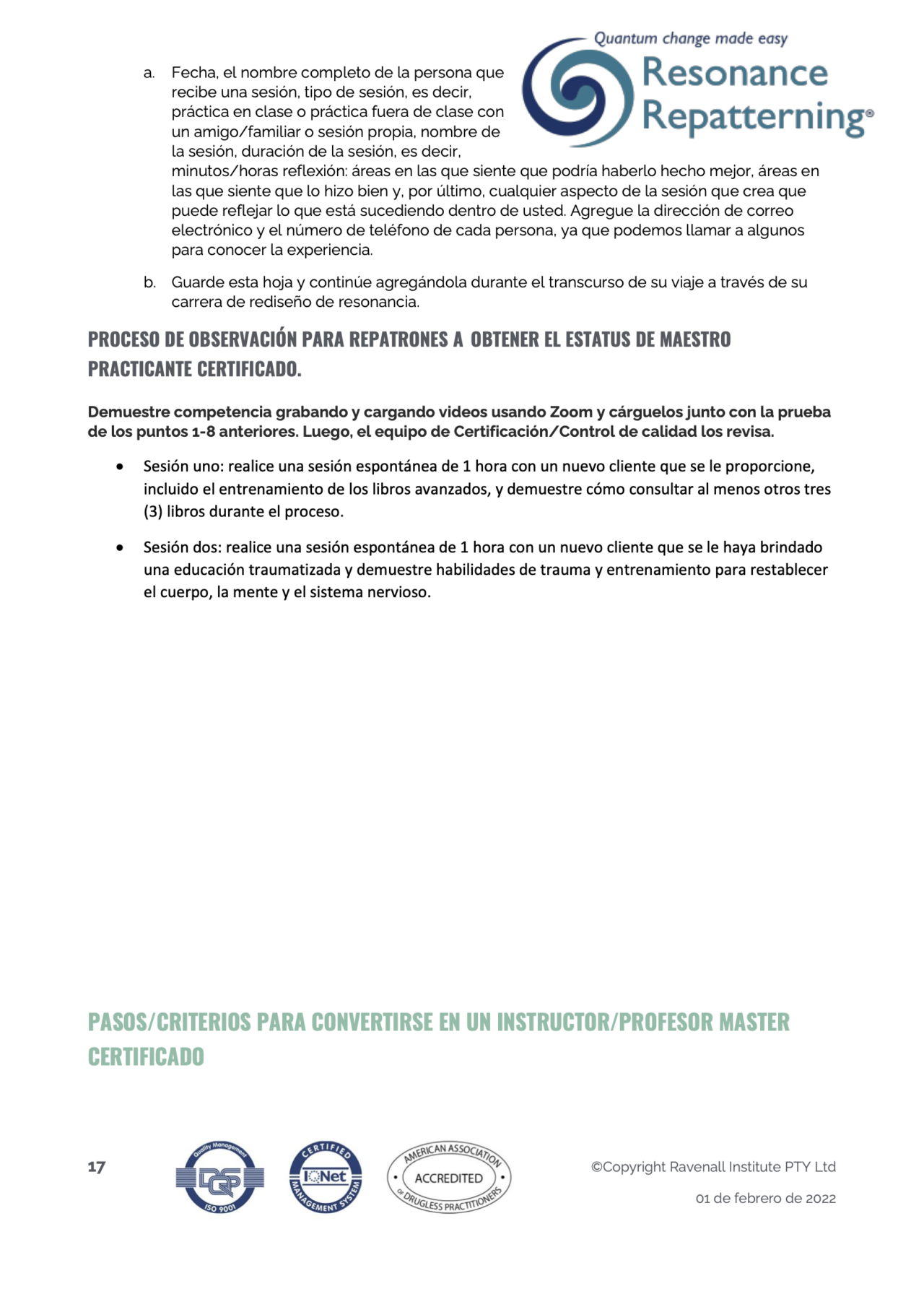 Guía paso a paso del itinerario profesional y de certificación | Resonance Repatterning Institute