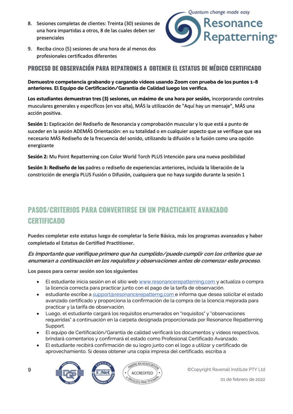 Guía paso a paso del itinerario profesional y de certificación | Resonance Repatterning Institute